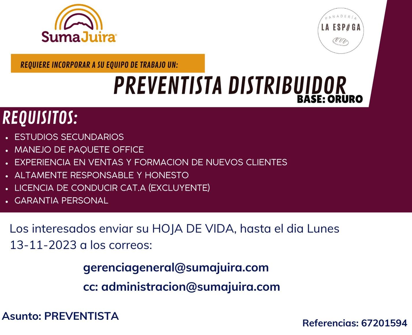 PREVENTISTA DISTRIBUIDOR | Trabajando Bolivia